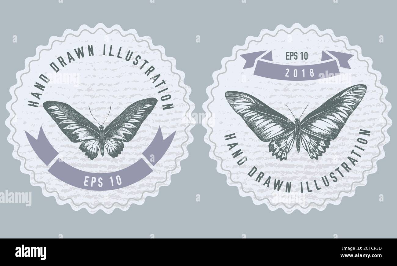 Monochrome labels design with illustration of rajah brooke s birdwing ...
