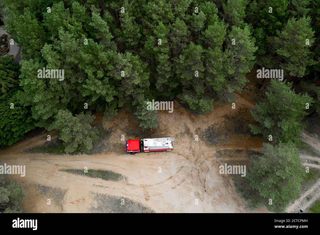 fire truck in the forest top view from a drone Stock Photo - Alamy
