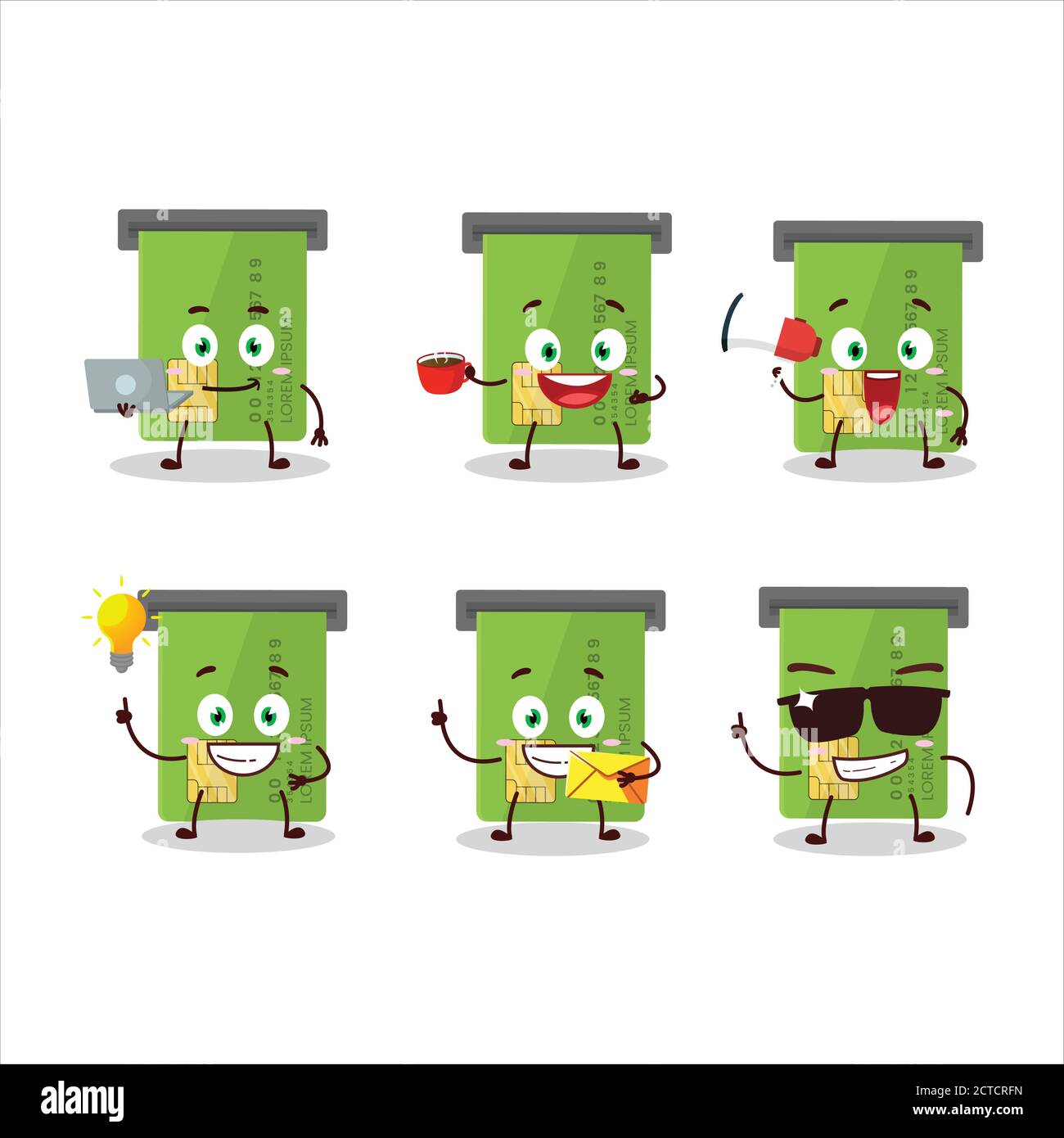 ATM card slot cartoon character with various types of business ...