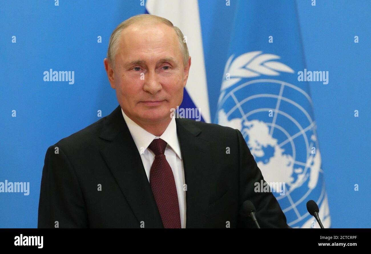 September 22, 2020. - Russia, Moscow. - Russian President Vladimir Putin films an address to ...