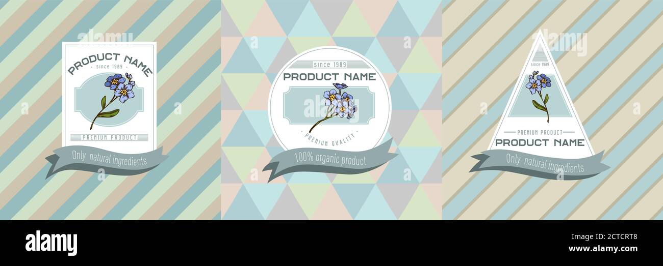 Three colored labels with illustration of forget me not flower Stock ...