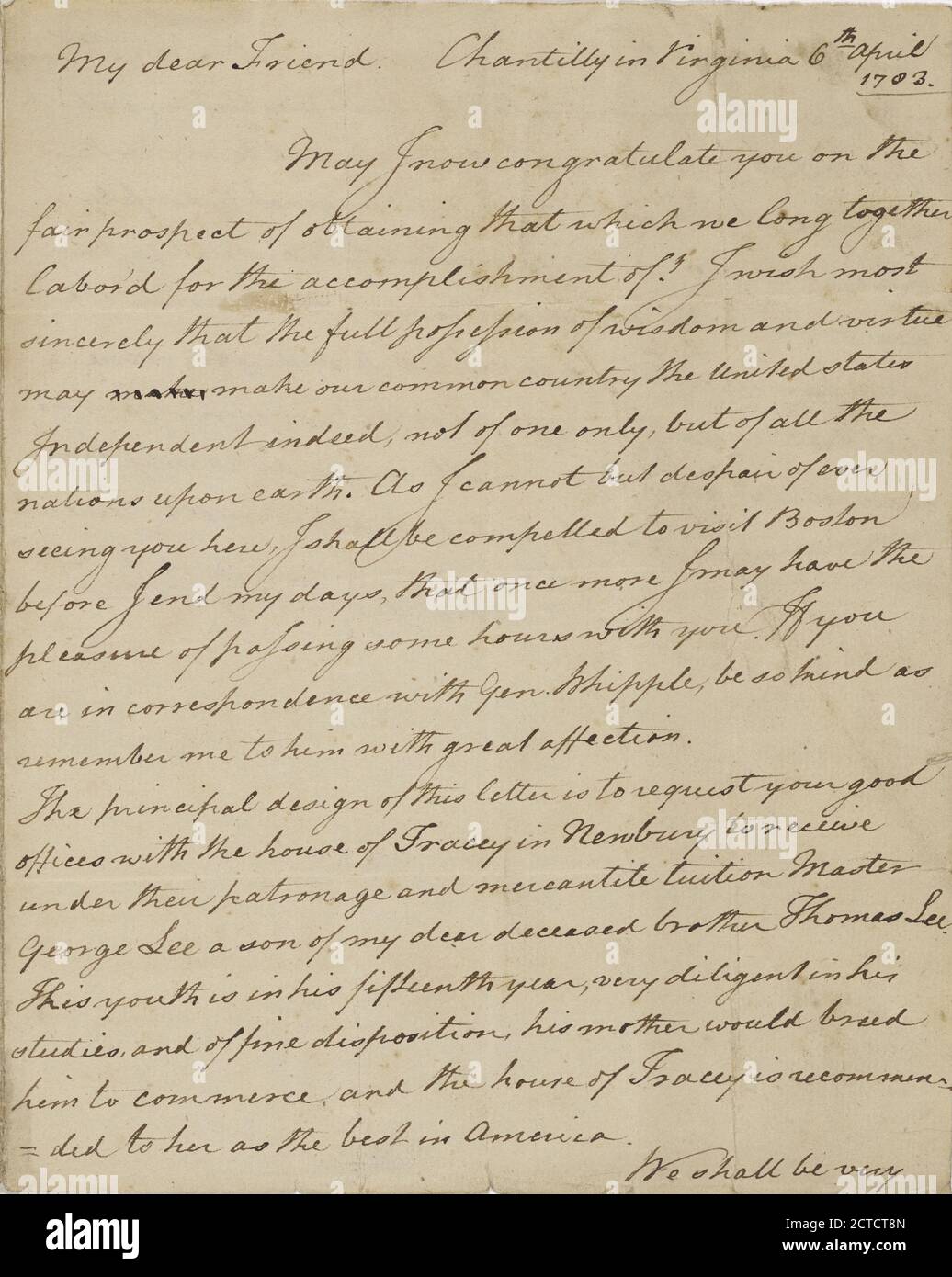 Letter from Richard Henry Lee, text, Correspondence, 1783 Stock Photo ...