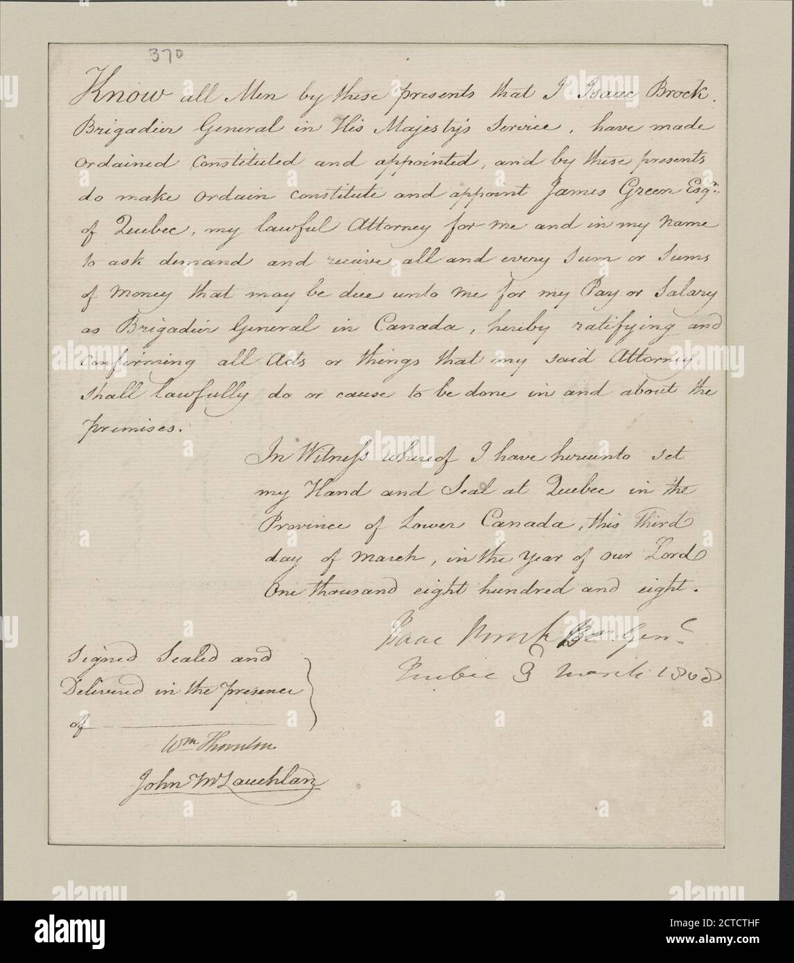 Brock, Isaac. Quebec, text, Documents, 1808 Stock Photo - Alamy