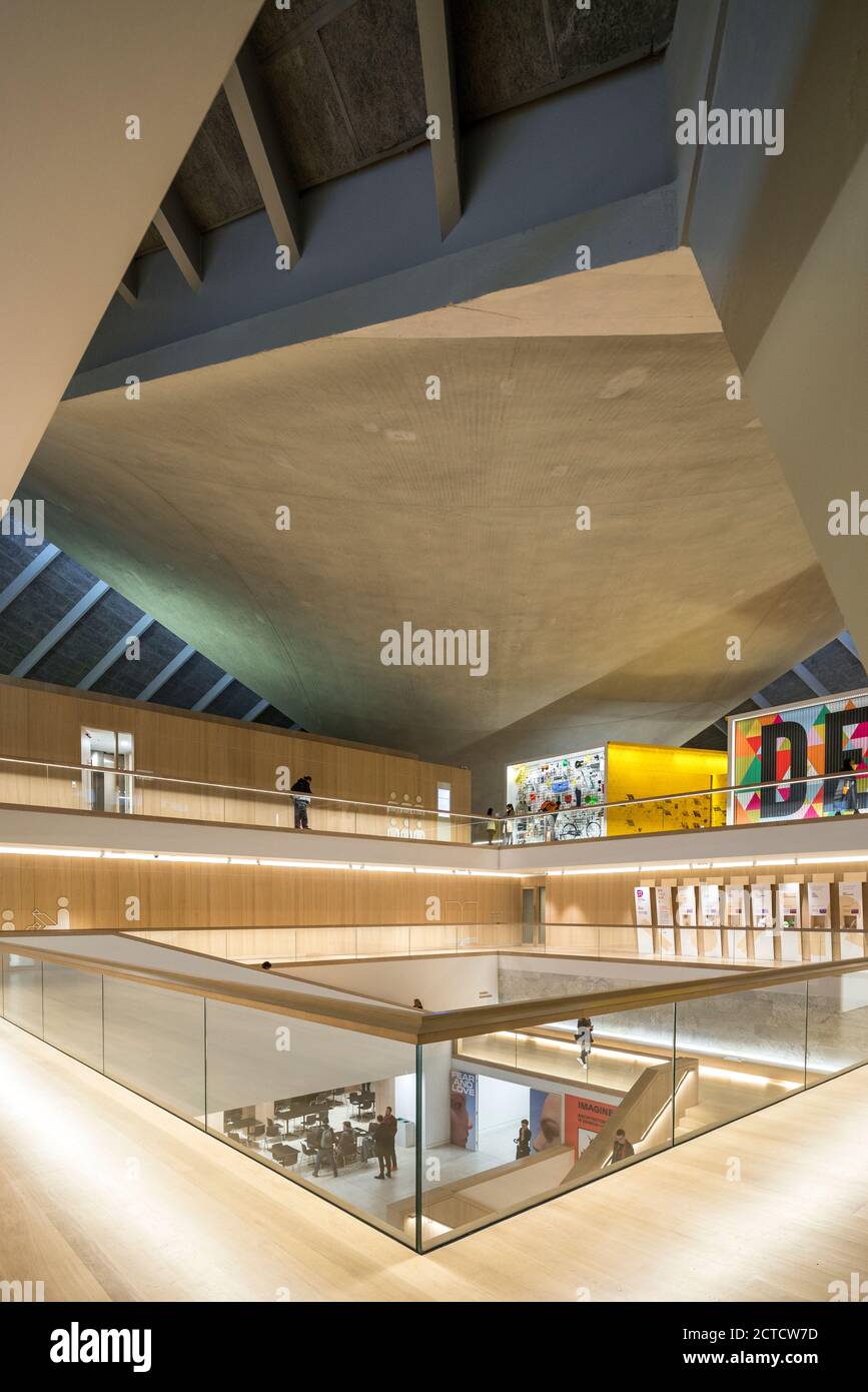 The Design Museum, London, UK, interior with roof beams, angled ...