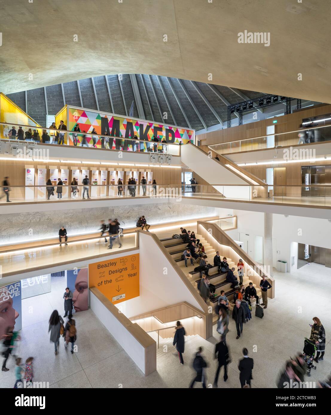 The Design Museum, London, interior with roof beams and atrium space ...