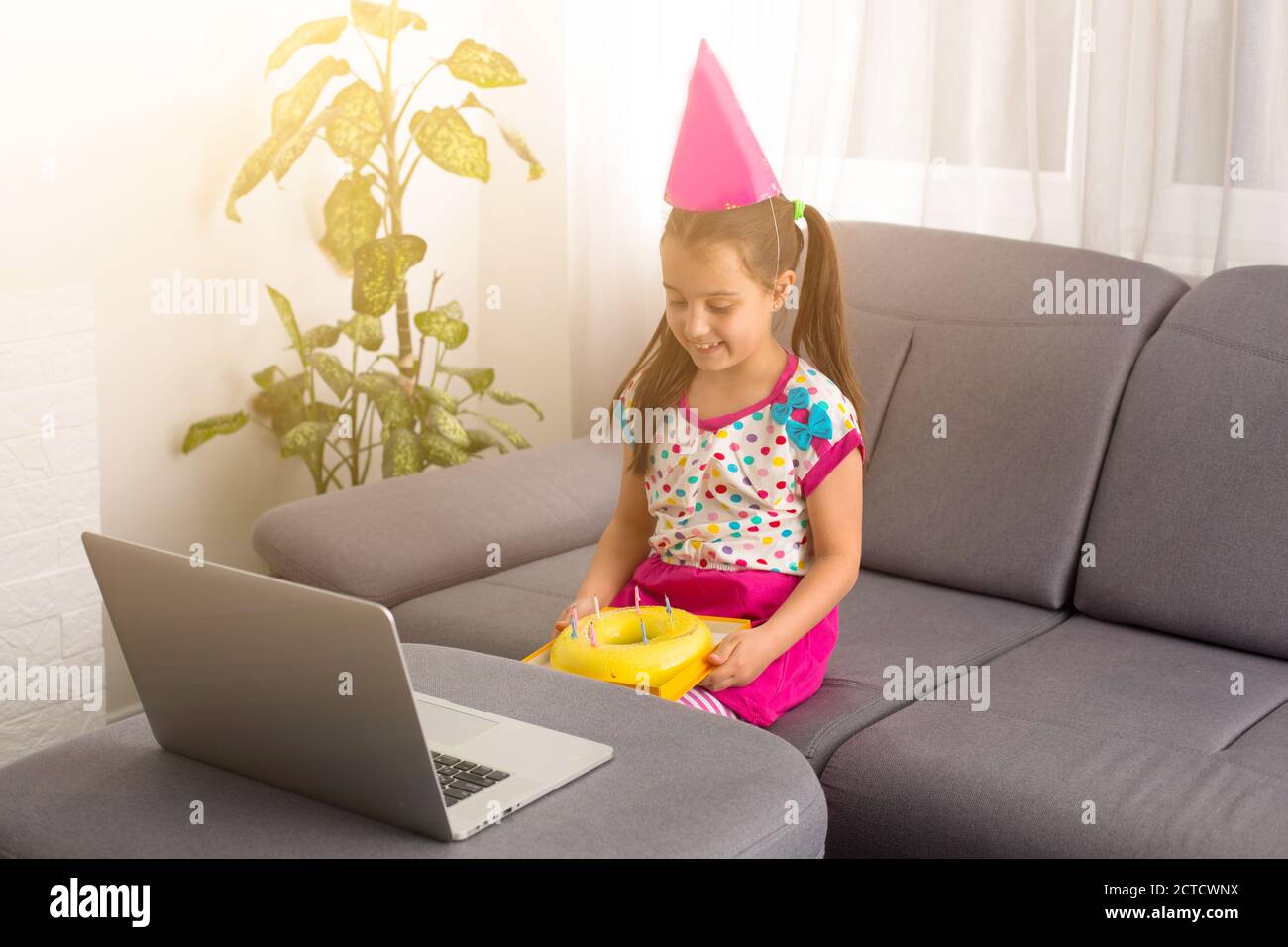 Children virtual birthday party with cake online together with her ...