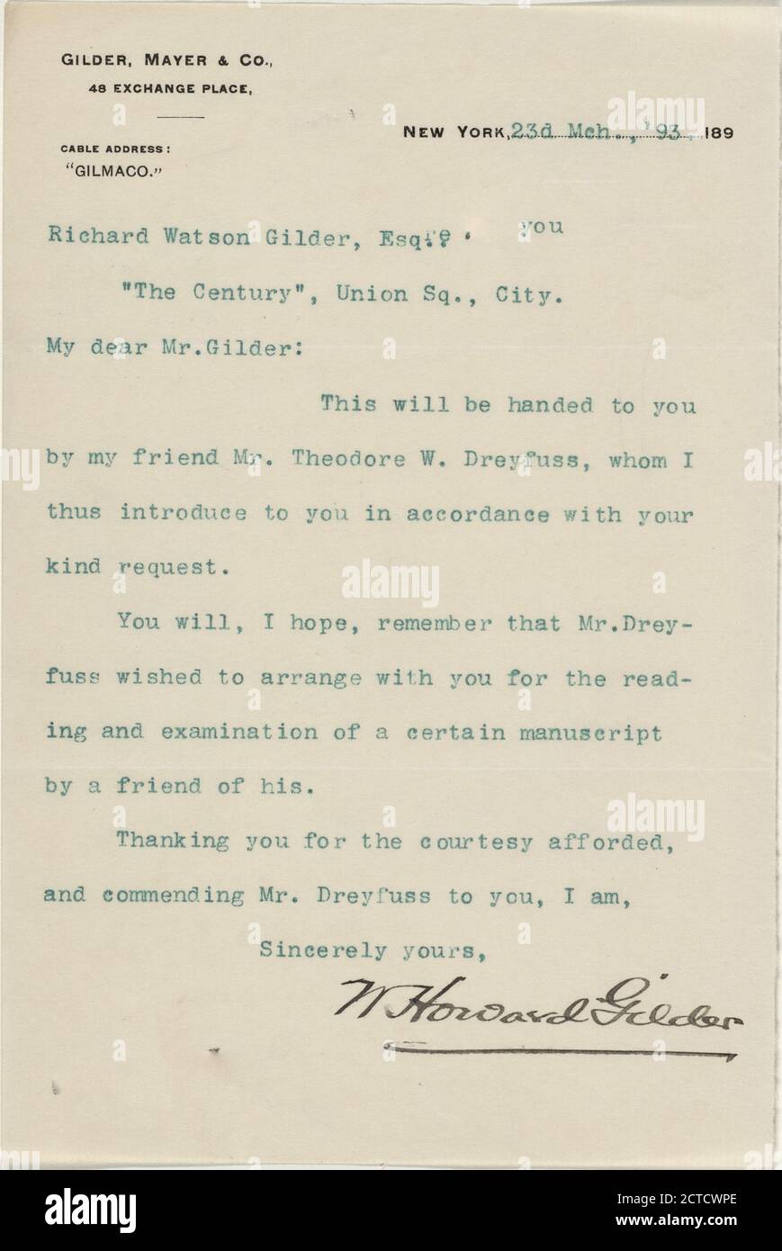 Gilder, W. Howard, text, Correspondence, 1893 Stock Photo - Alamy