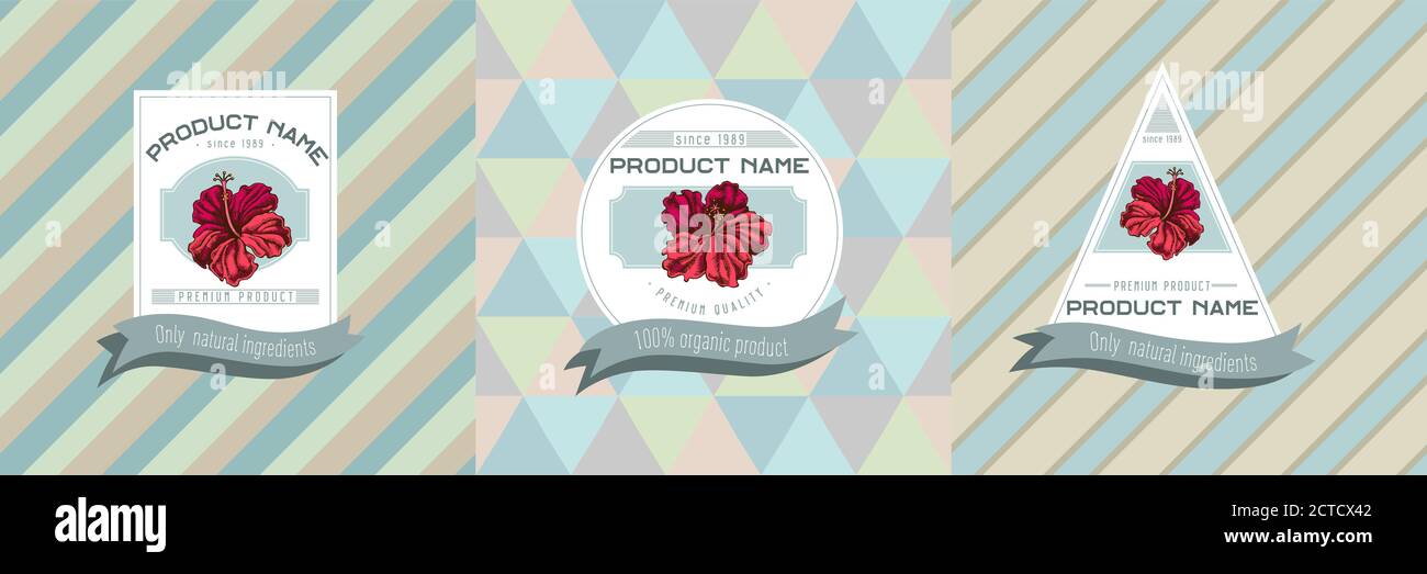 Three colored labels with illustration of hibiscus Stock Vector Image ...