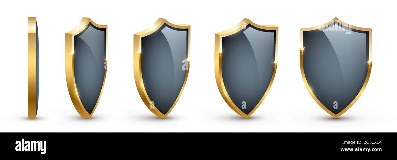 Shields with reflection in shiny gold frames front, side view set Stock ...