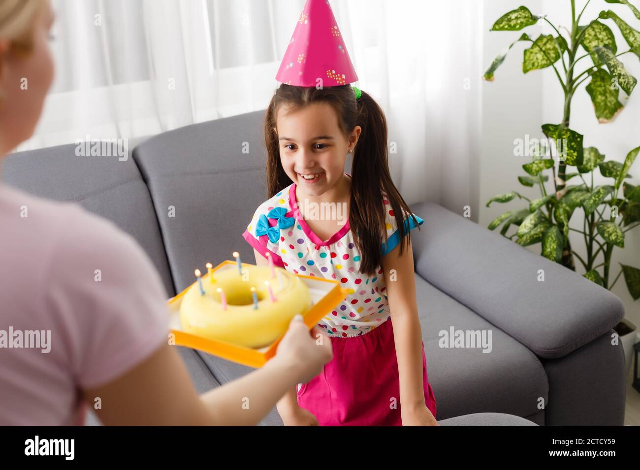 Children virtual birthday party with cake online together with her ...