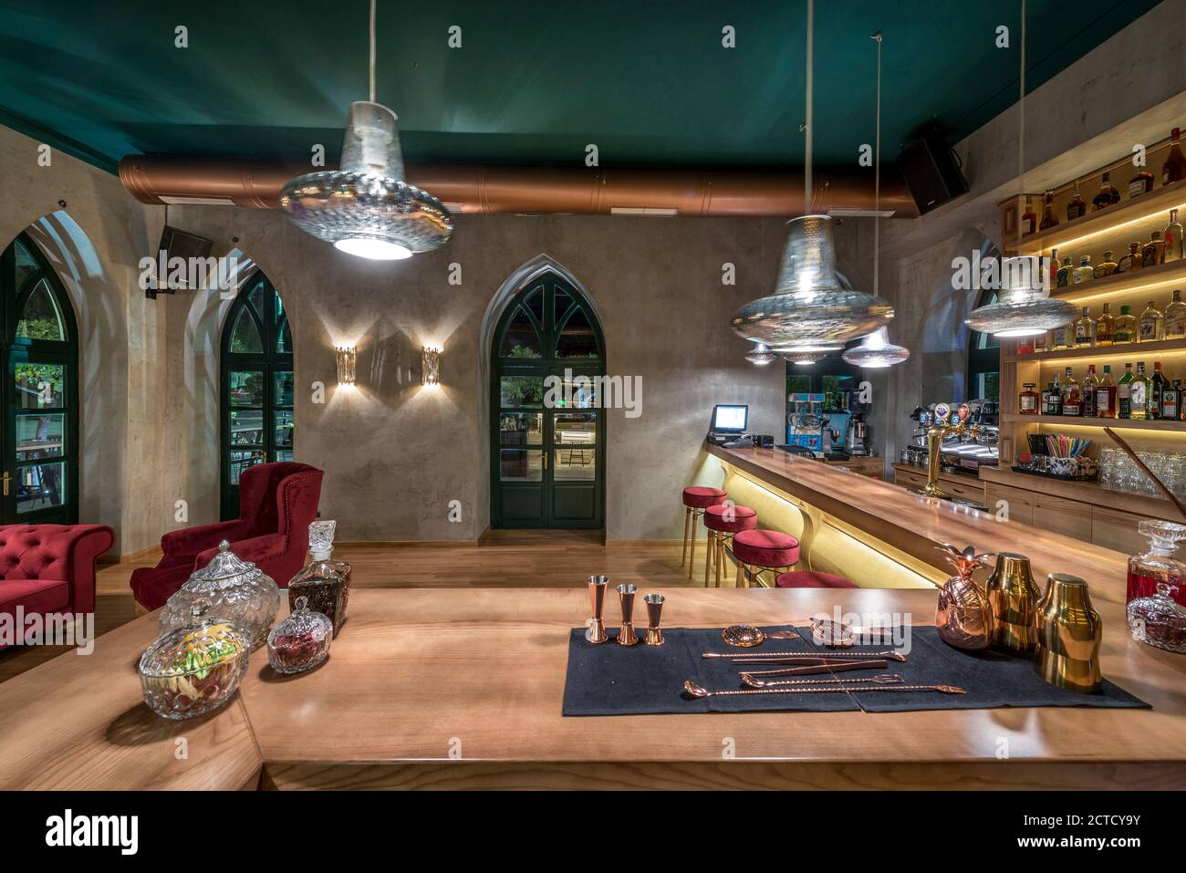 Interior view of preserved historic landmark Pyrgos Cafe Bar in Aigio ...