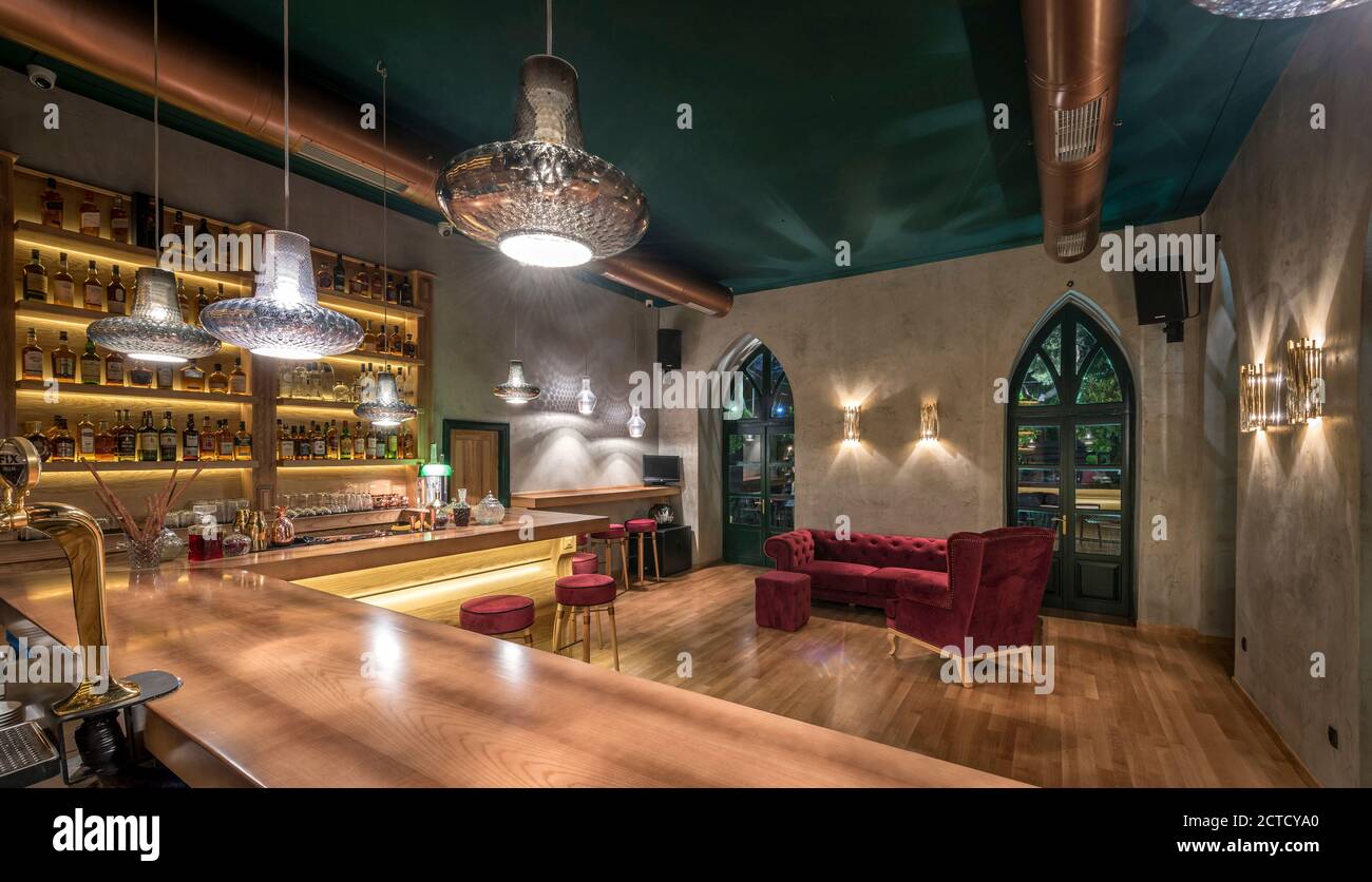 Interior view of preserved historic landmark Pyrgos Cafe Bar in Aigio ...