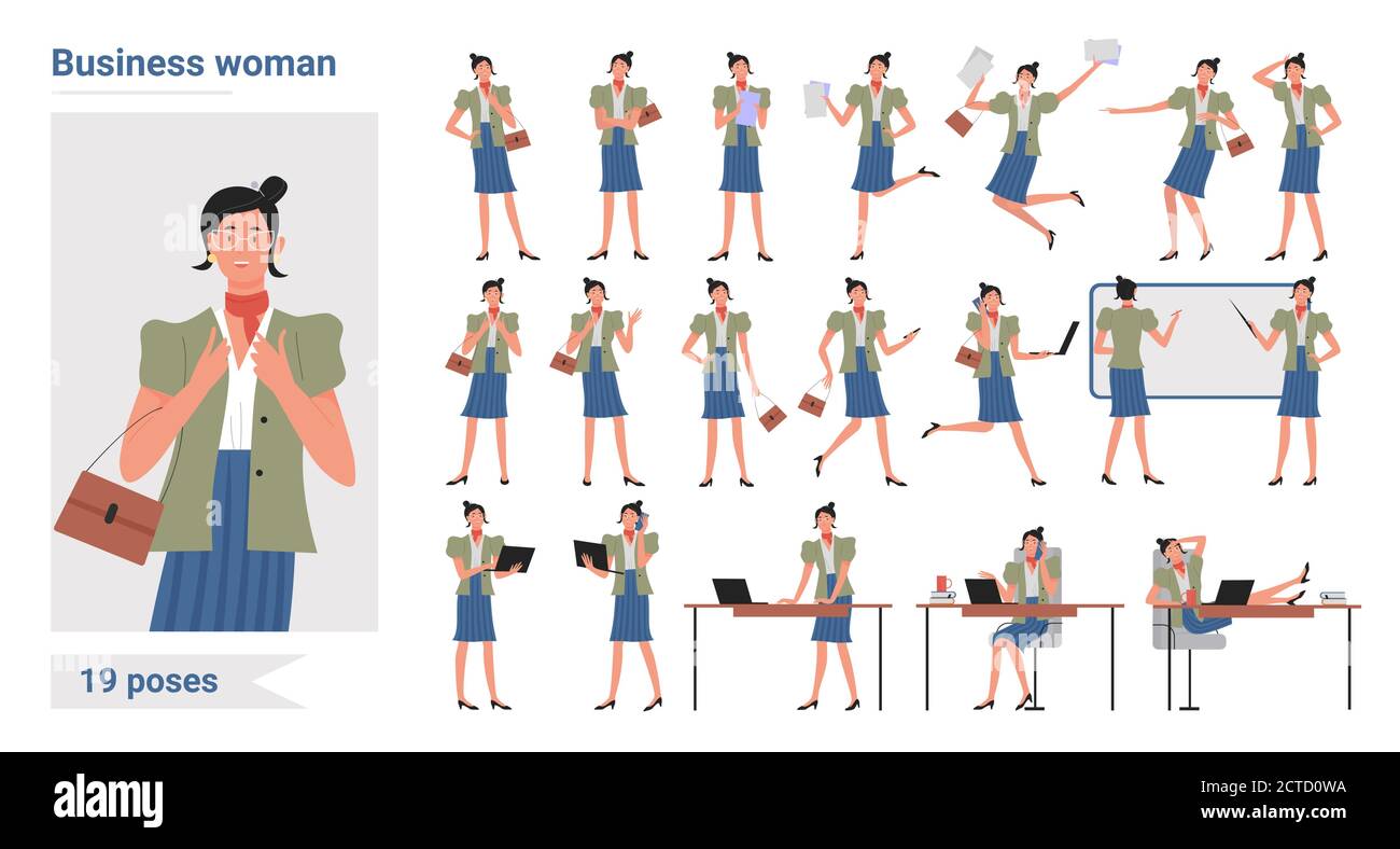 Business woman working poses infographic vector illustration set ...