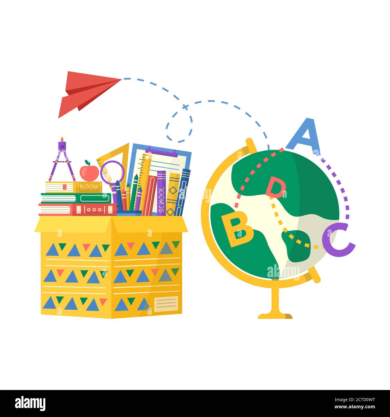 Collection of school supplies in carton package, book, notebook, pen ...