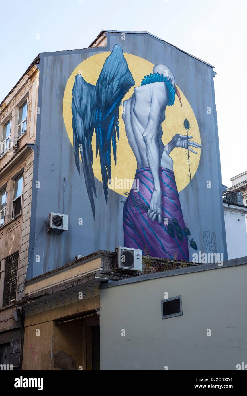 Street art mural as large painting artwork depicting horror dark theme ...