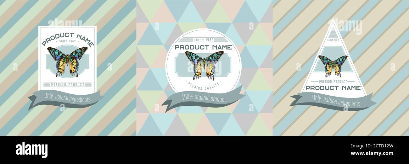 Three colored labels with illustration of madagascan sunset moth Stock ...