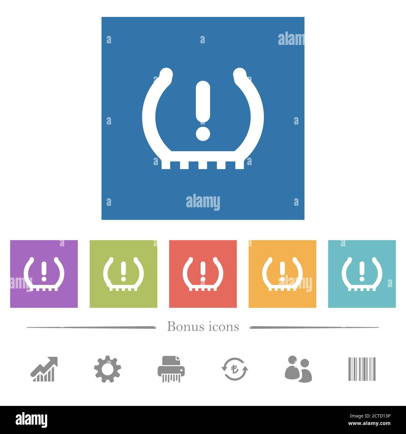 Car tire pressure warning indicator flat white icons in square ...