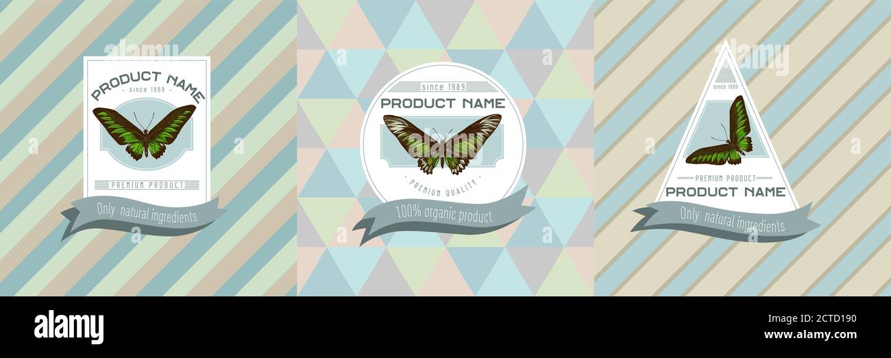 Three colored labels with illustration of rajah brooke s birdwing Stock ...