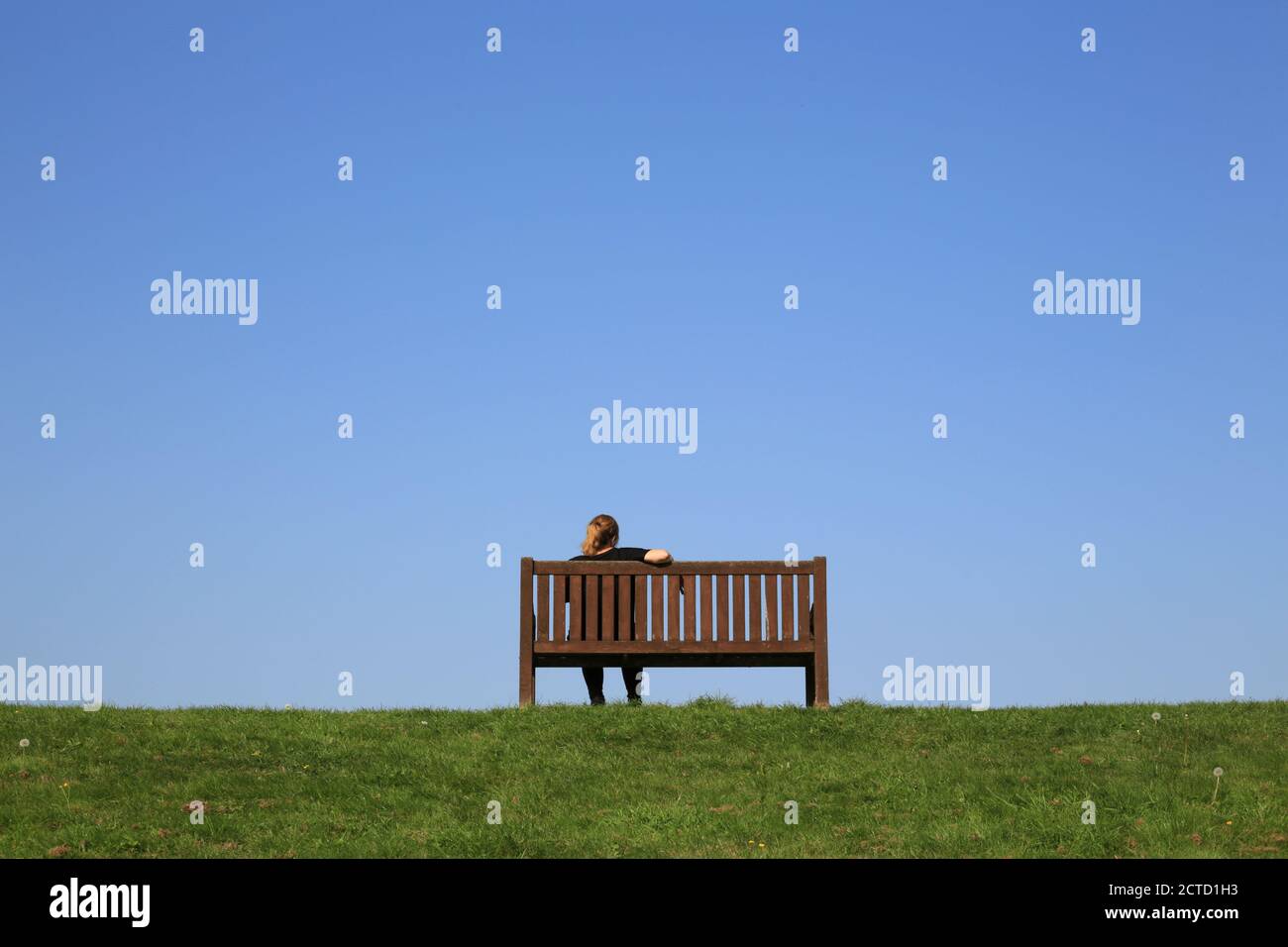 Woman sitting alone on a wooden bench Stock Photo - Alamy
