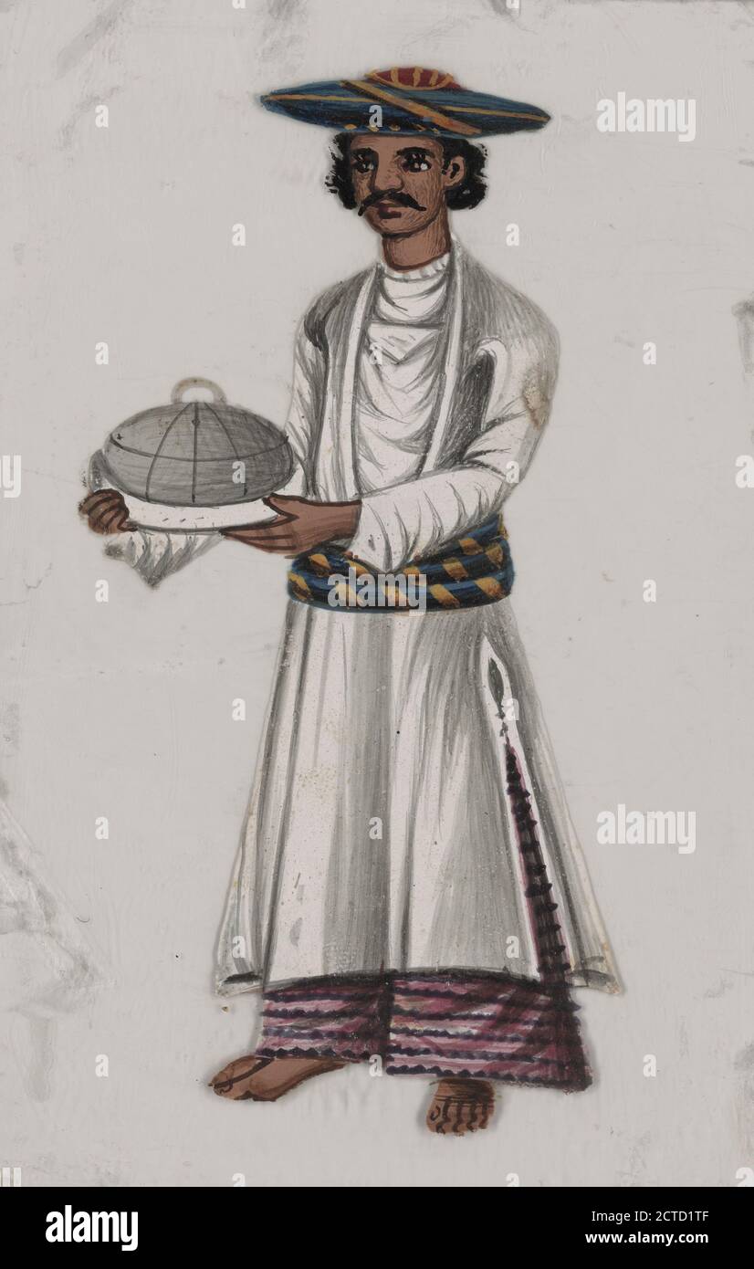 Servant with covered serving dish in striped belt and hat, still image ...