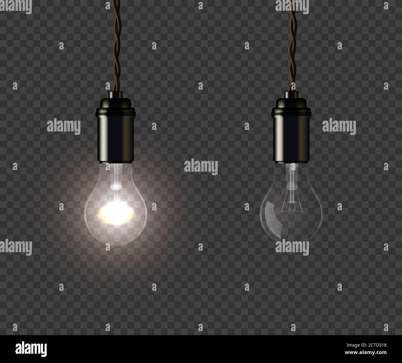 Vintage glowing and extinguished lamps holding on wire on dark ...