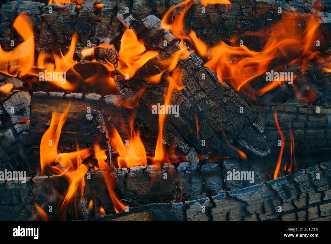 Burning log of wood close-up as abstract background. The hot embers of ...