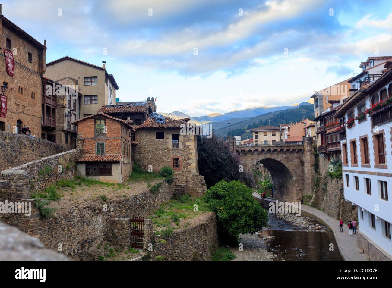 Old town of Potes, a village in Picos de Europa National Park ...