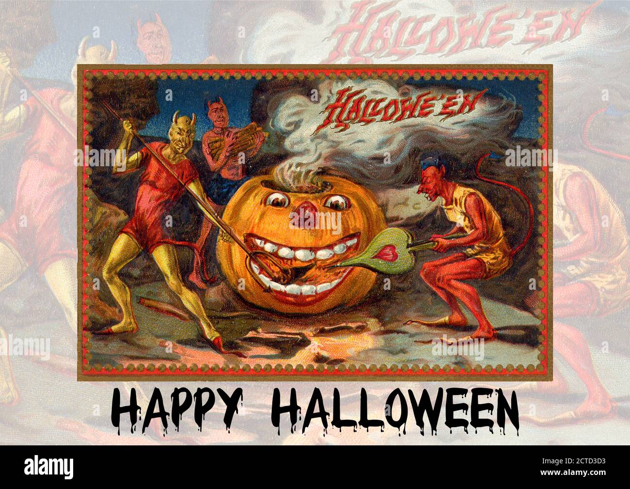 Vintage halloween greetings. Halloween devils stoking the fire of the ...
