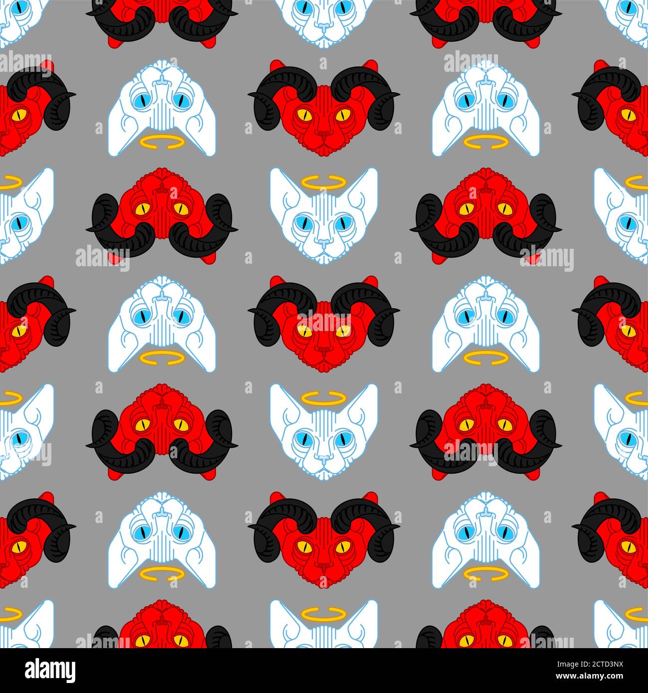 Cat Angel and demon pattern seamless. Red cat with devil horns ...