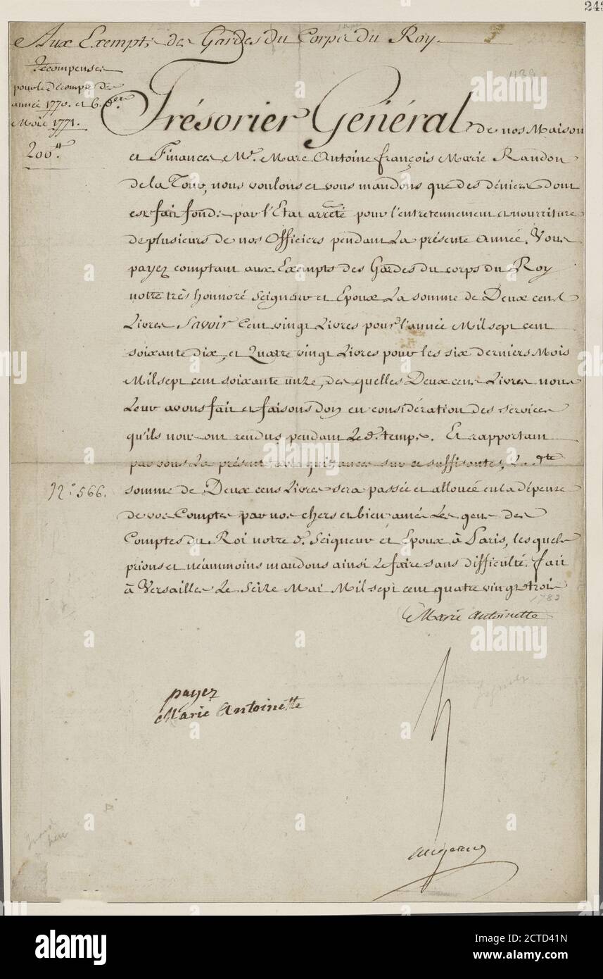 Marie Antoinette. To the Trésorier Général, text, Documents, 1783 Stock ...