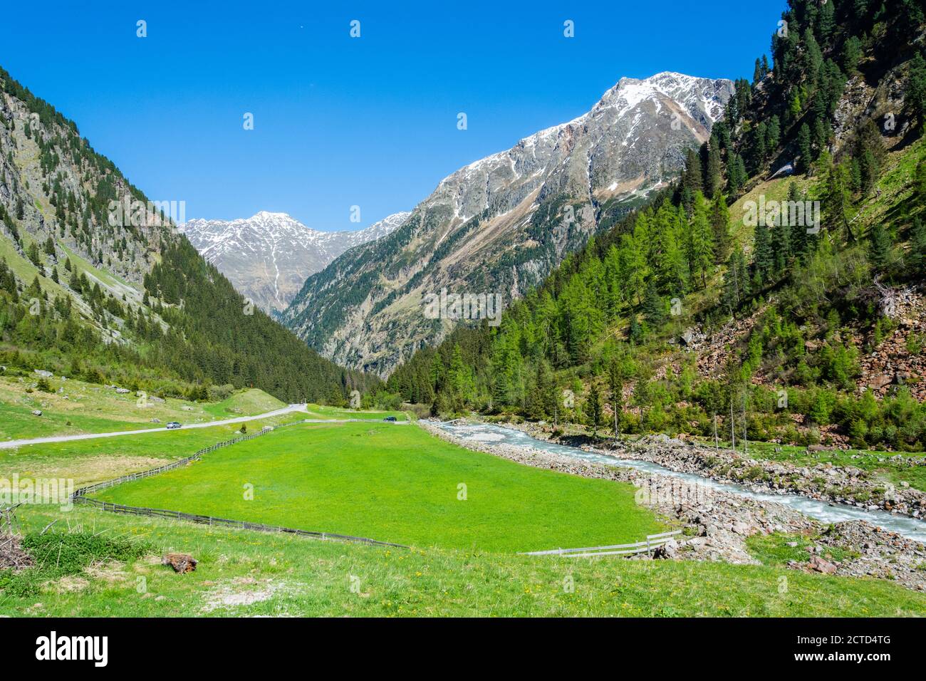 Mountainous landscape in Stubaital valley in Tyrol, Austria, with river ...