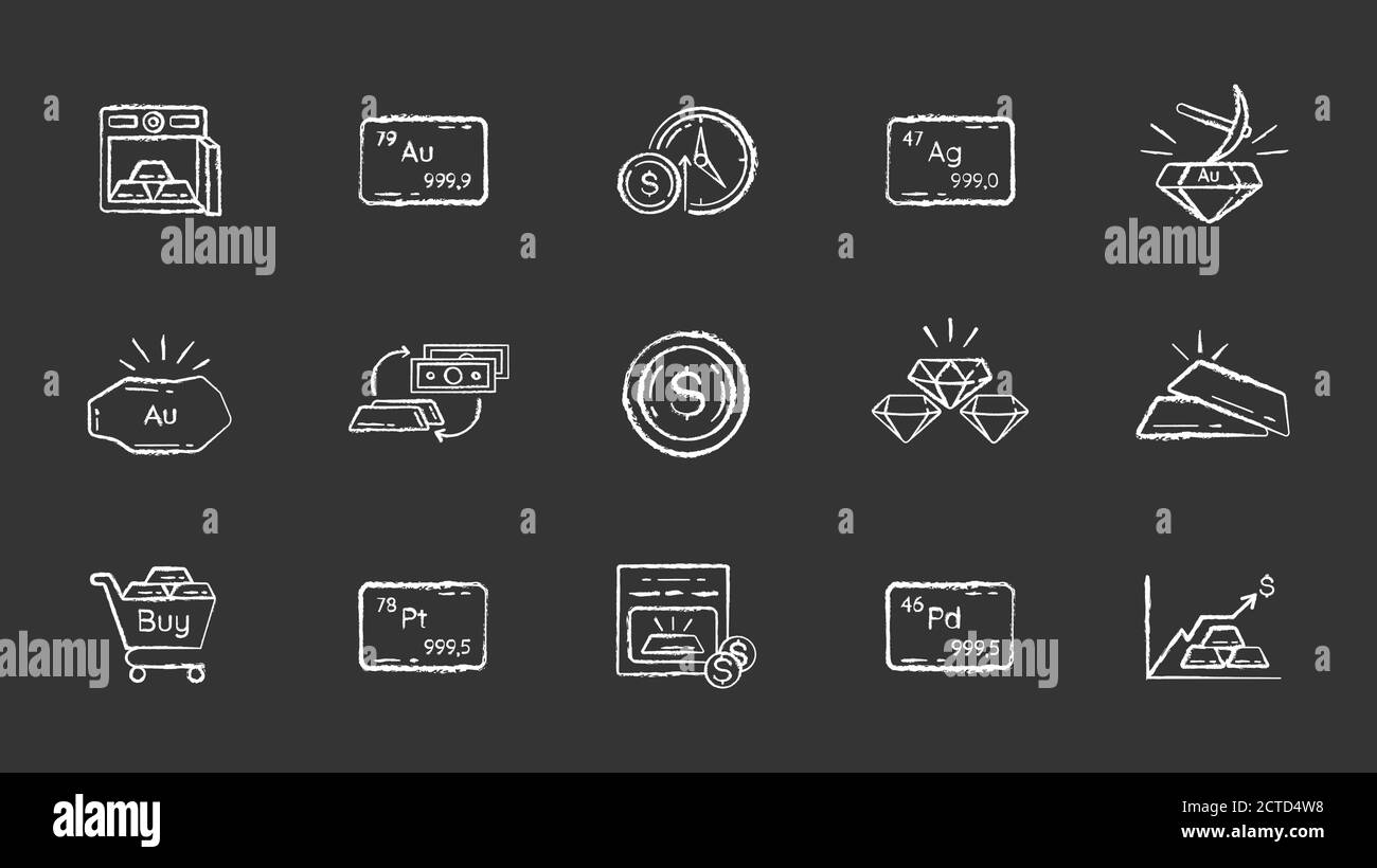 Precious metals and investment chalk white icons set on black ...