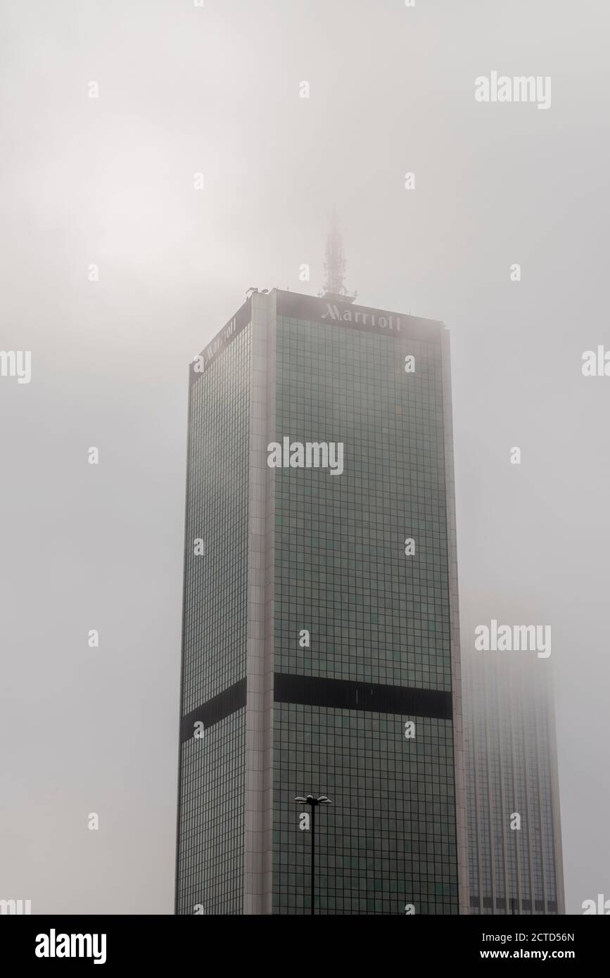 Exterior view of the Centrum LIM building on a misty day, 1989, Warsaw ...