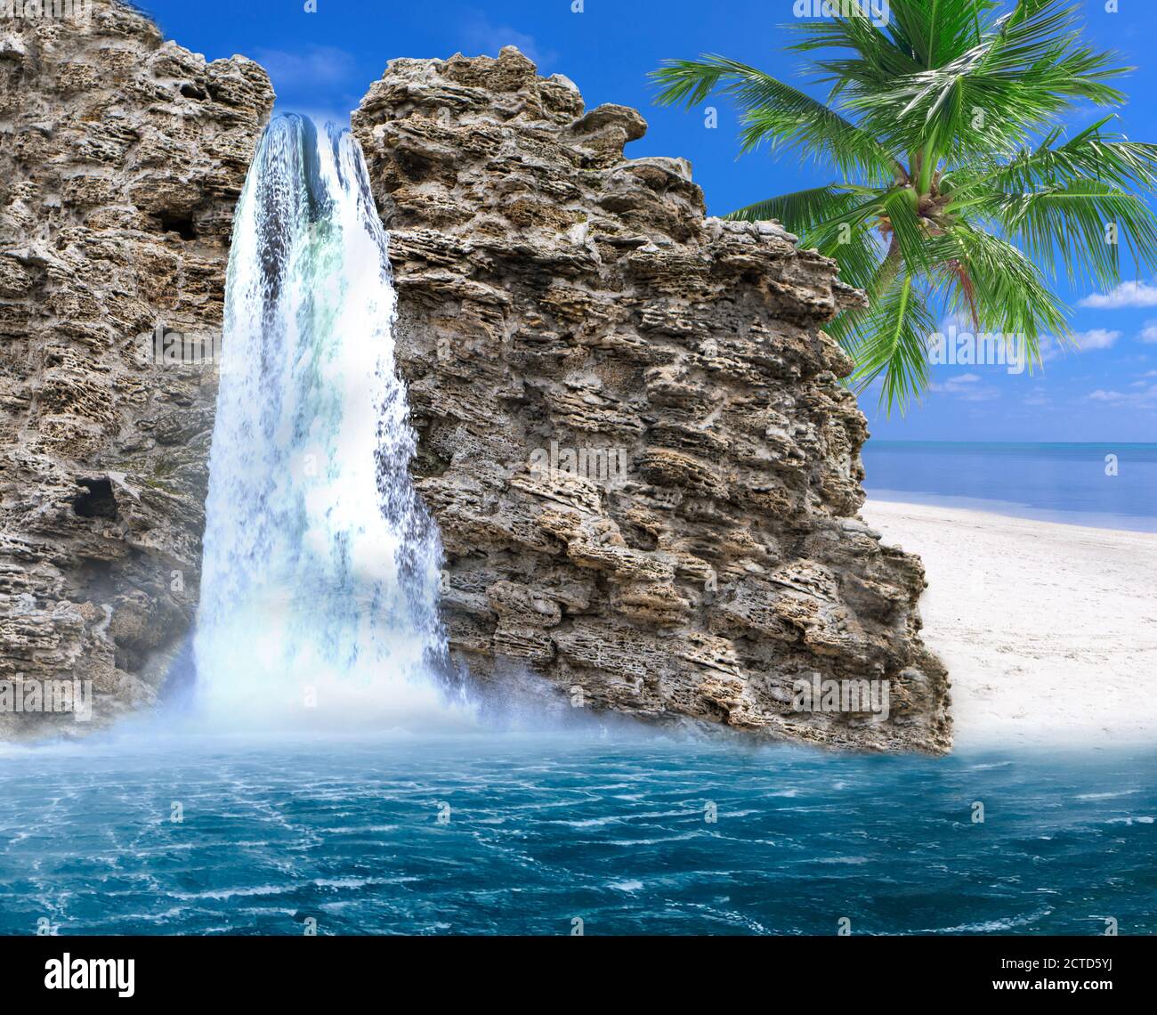 Landscape, Waterfall flows out of a cliff and flows into a body of ...