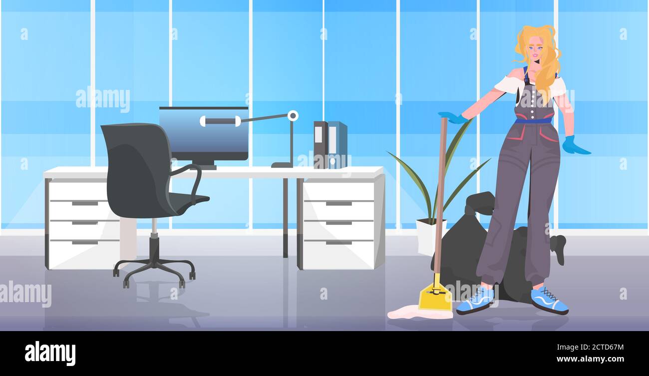 Female Professional Cleaner Woman Janitor With Cleaning Equipment Mopping Floor Modern Office