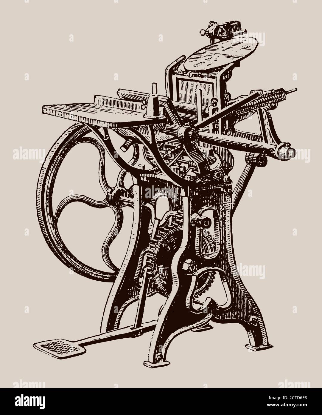 Antique foot-treadle platen printing press in three quarter view ...