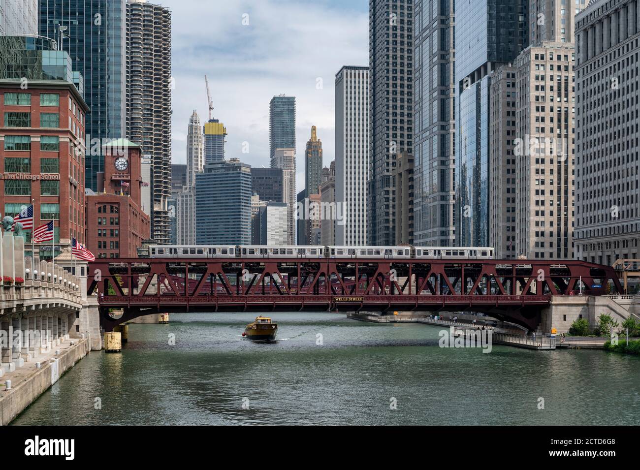 A day shot of Chicago Riverwalk, Wells Street Bridge, 1922. Double-deck ...