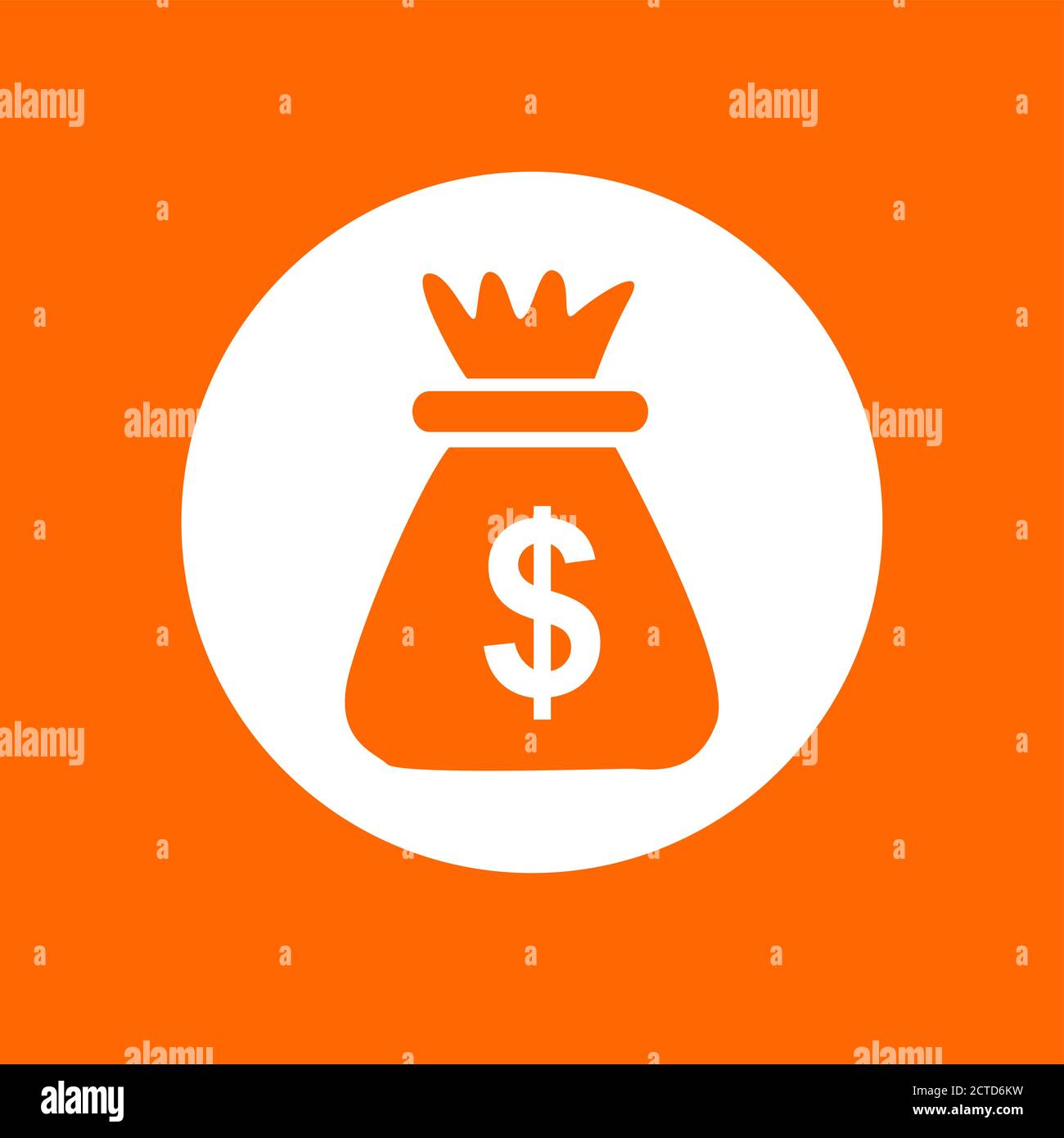 Money bag sign icon. In white circle on a orange background Stock ...