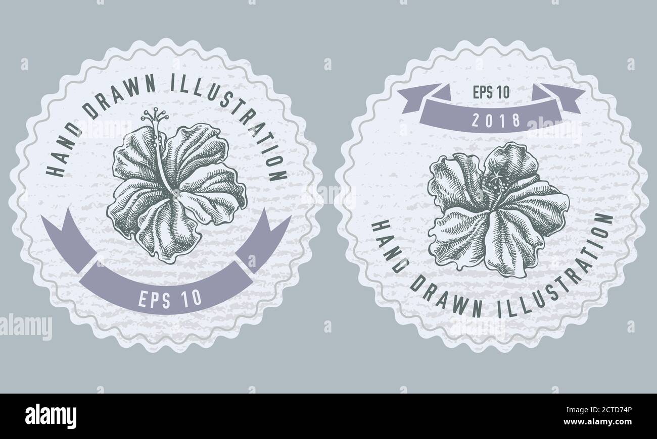 Monochrome labels design with illustration of hibiscus Stock Vector ...
