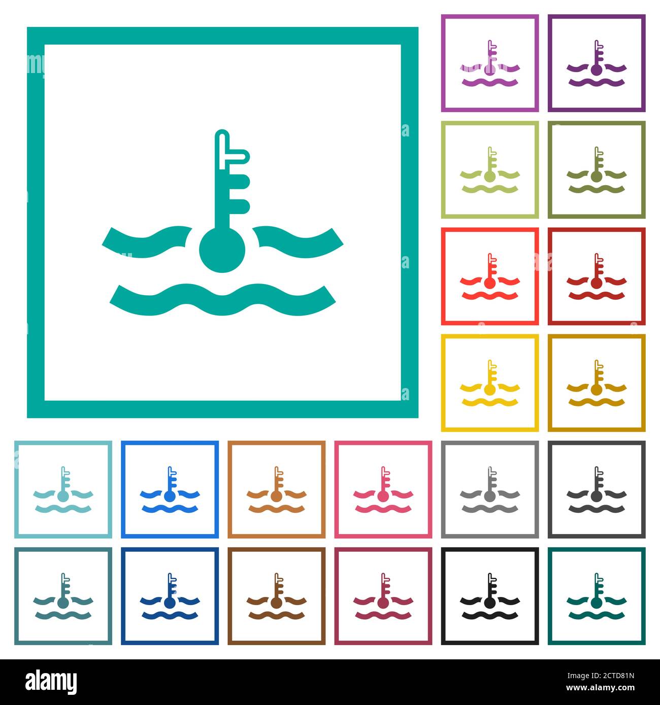 Warm temperature engine coolant flat color icons with quadrant frames ...