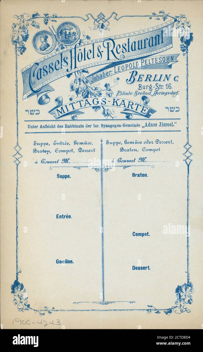 DAILY MENU held by CASSELS HOTEL & RESTAURANT at 'BERLIN, GERMANY ...