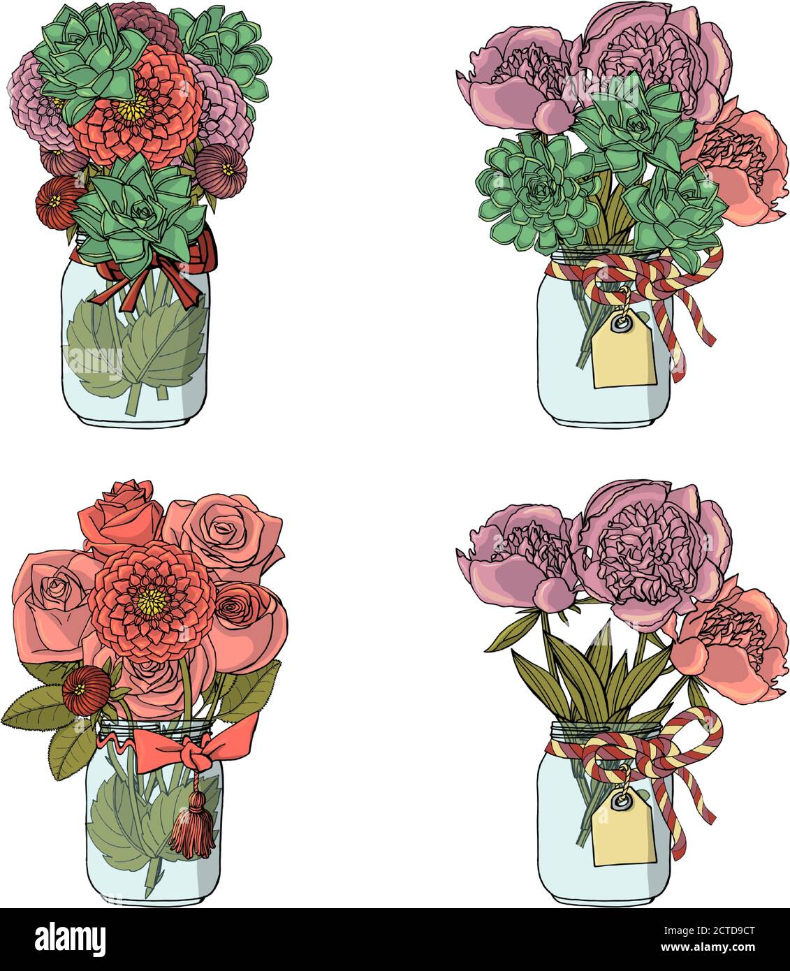 Hand drawn doodle style bouquets of different flowers: rose, peony ...