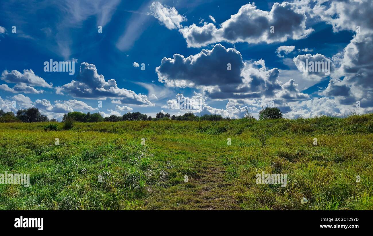 a spectacular blue sky with a green meadow in front Stock Photo - Alamy