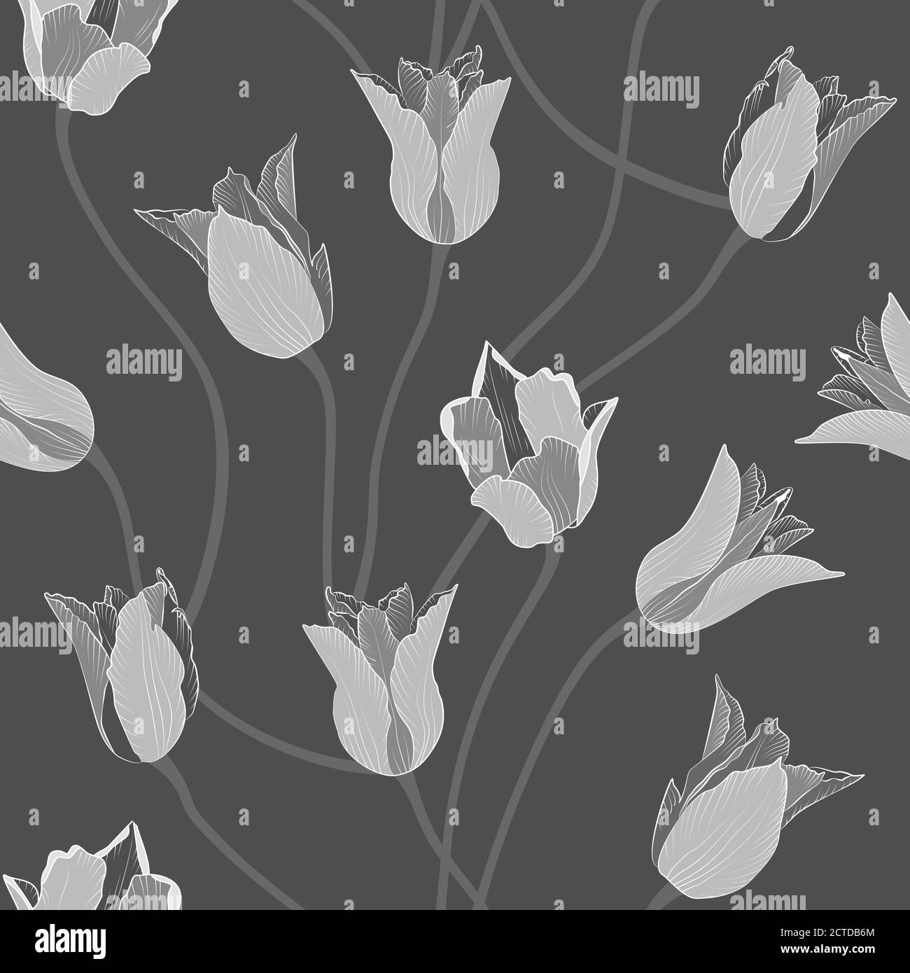 Monochrome floral seamless pattern with hand drawn tulip flowers on ...