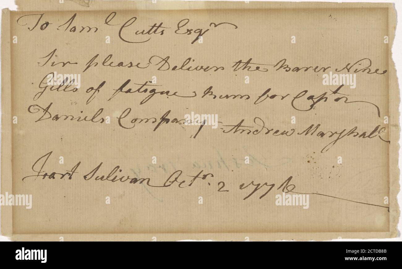 Order for rum by Andrew Marshall (to Samuel Cutts), text, Documents ...