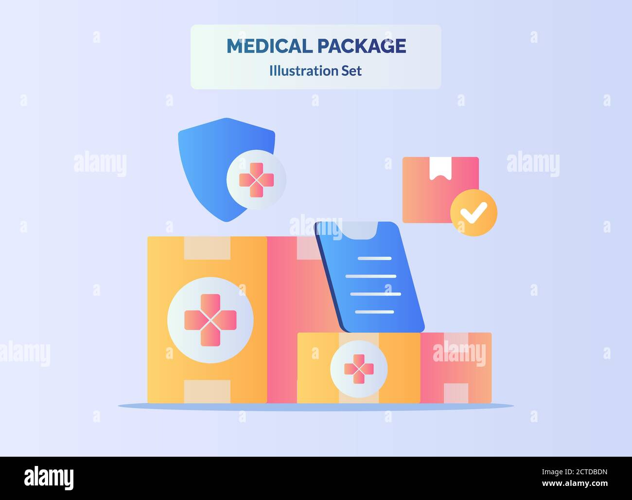 Medical package concept box delivery clipboard shield with flat cartoon ...