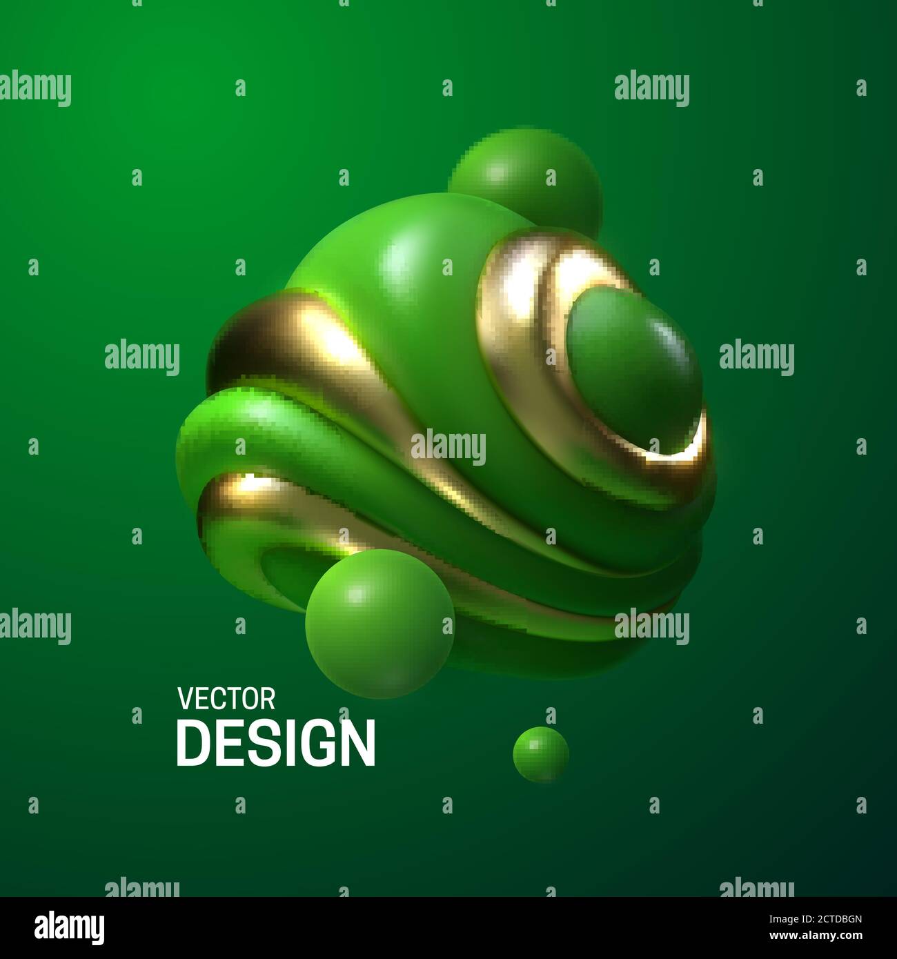 Abstract composition with 3d spherical shapes. Green and golden glossy ...