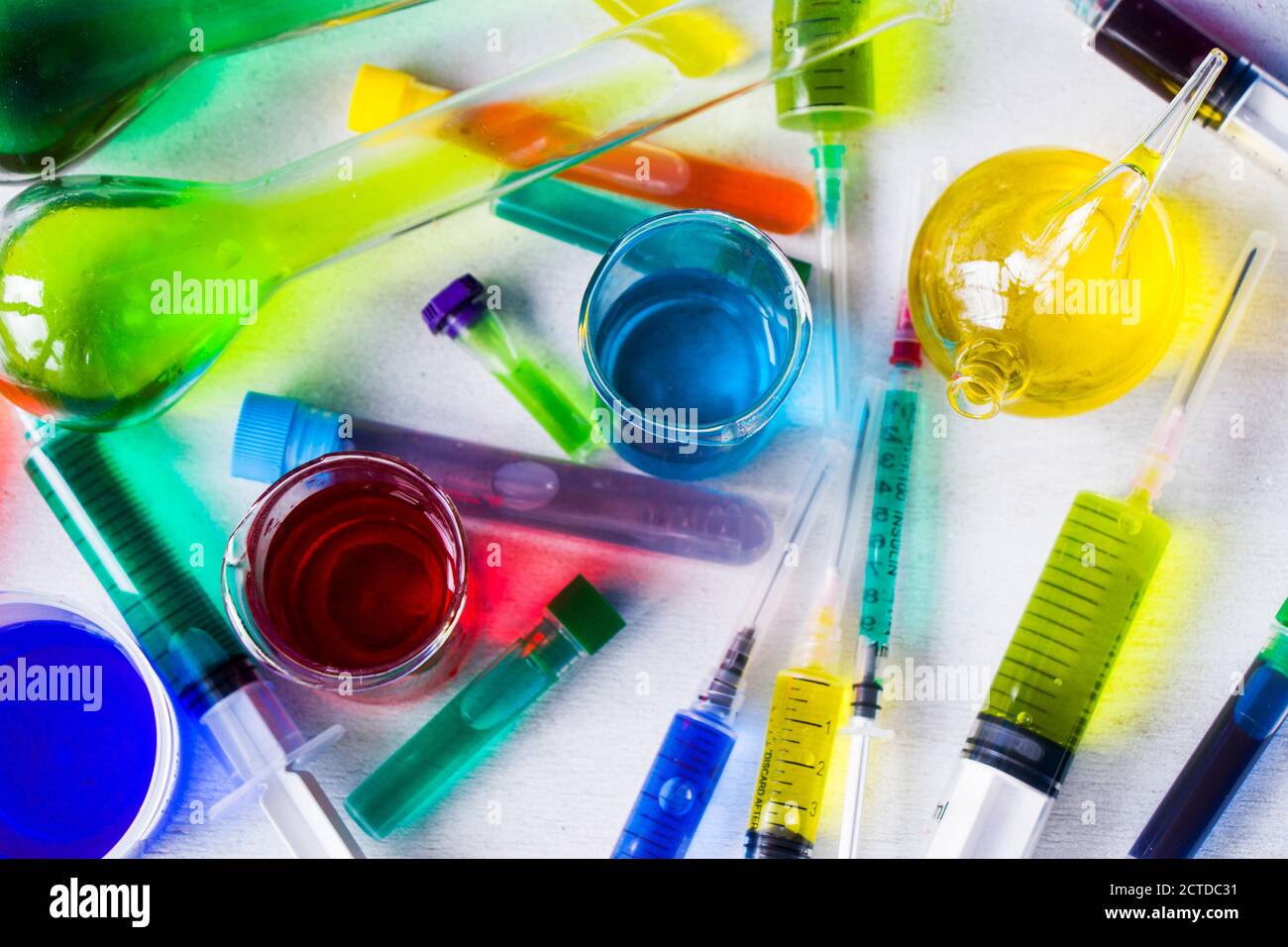Laboratory instruments, glassware and reagents, colorful liquid ...