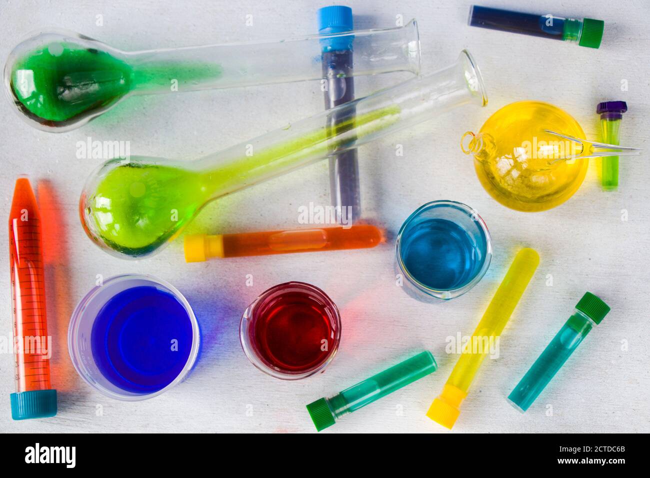 Laboratory instruments, glassware and reagents, colorful liquid ...