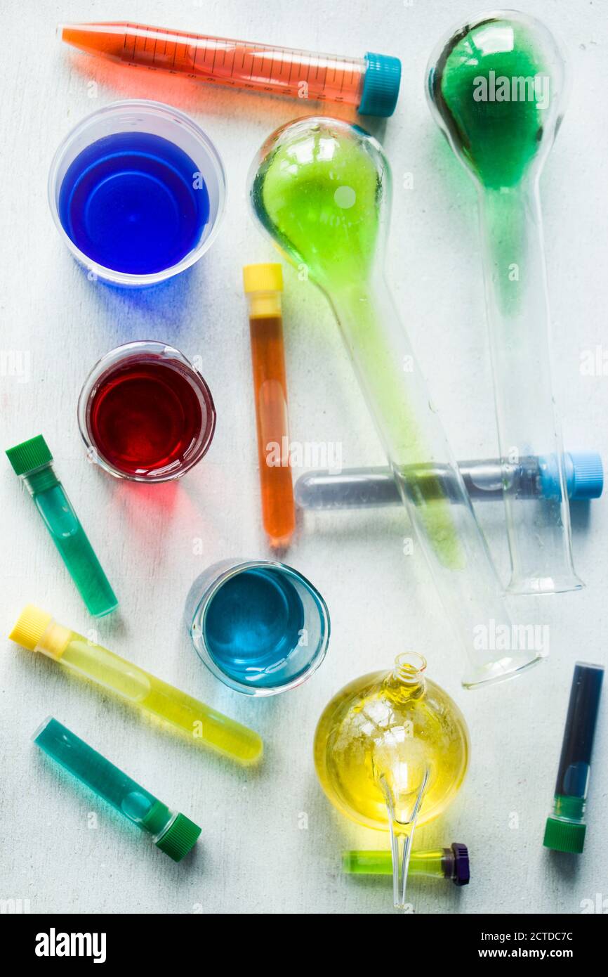 Laboratory instruments, glassware and reagents, colorful liquid ...